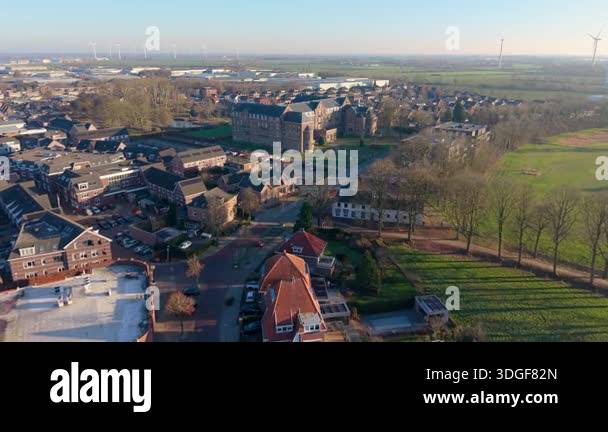 Aerial view of suburban town with clustered homes, central ...