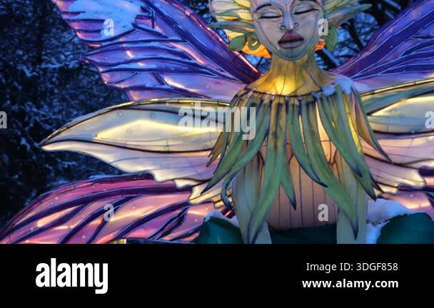LVIV, UKRAINE - JANUARY 06, 2026: Illuminated fairy sculpture in a ...
