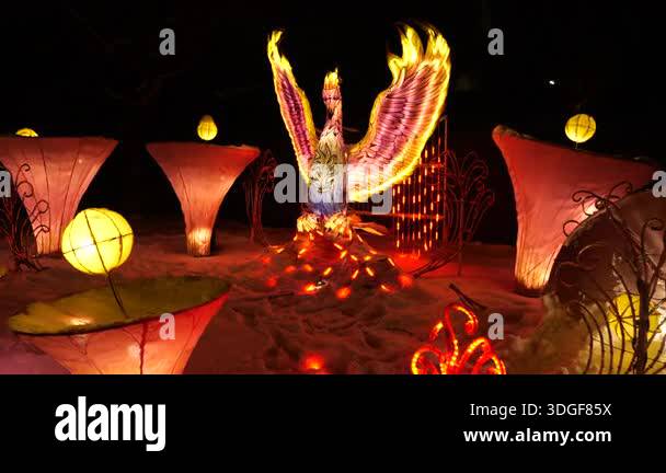 LVIV, UKRAINE - JANUARY 06, 2026: Illuminated phoenix lantern display ...