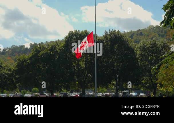 A large Canadian flag waves on a tall flagpole with lush green forest ...