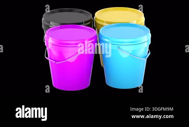 Colorful plastic paint buckets CMYK rotation animation seamlessly ...