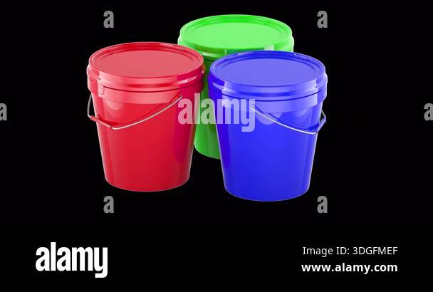 Red, green and blue plastic buckets rotation animation seamlessly ...