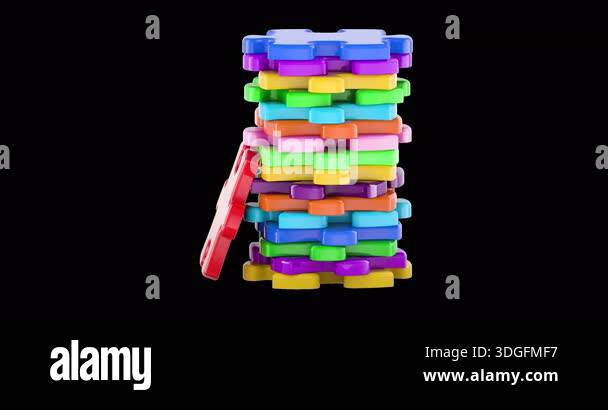 Colorful stack of jigsaw puzzle pieces rotation animation seamlessly ...