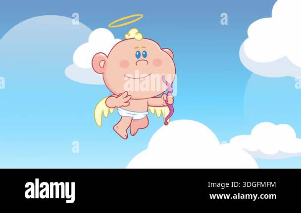 A happy cartoon cupid with a yellow halo and white wings floats in a ...