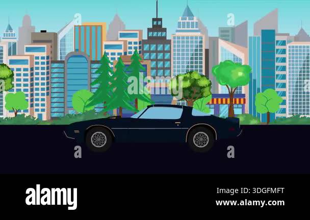 Animation of retro car driving on the street, city background, seamless ...