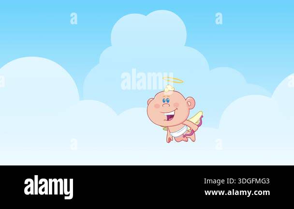 A cheerful cartoon cupid with a halo and bow flies through a soft blue ...