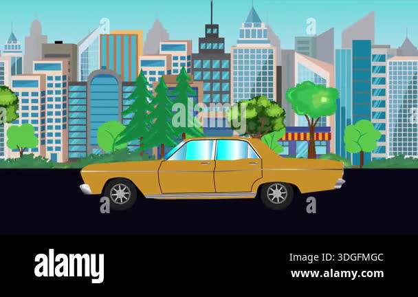 Animation of retro car driving on the street, city background, seamless ...