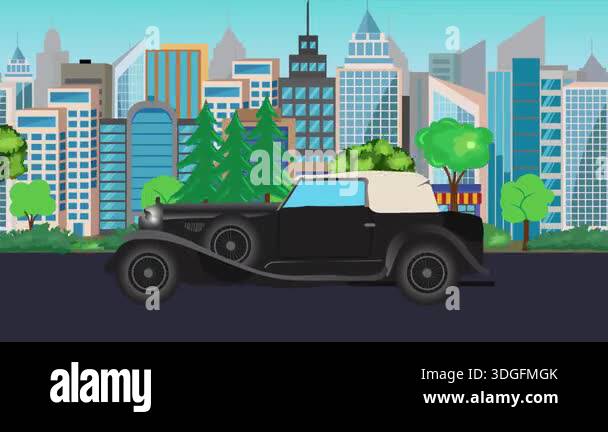Animation of retro car driving on the street, city background, seamless ...