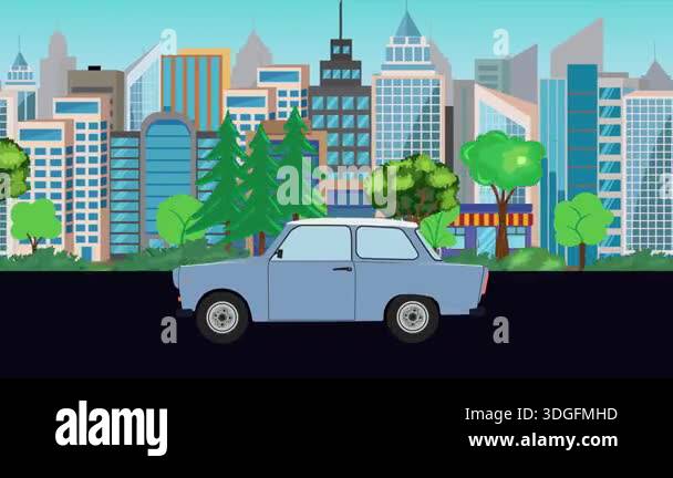 Animation of retro car driving on the street, city background, seamless ...