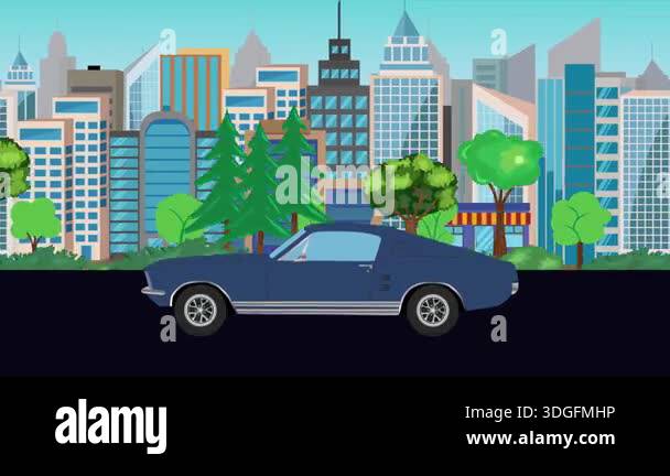 Animation of retro car driving on the street, city background, seamless ...