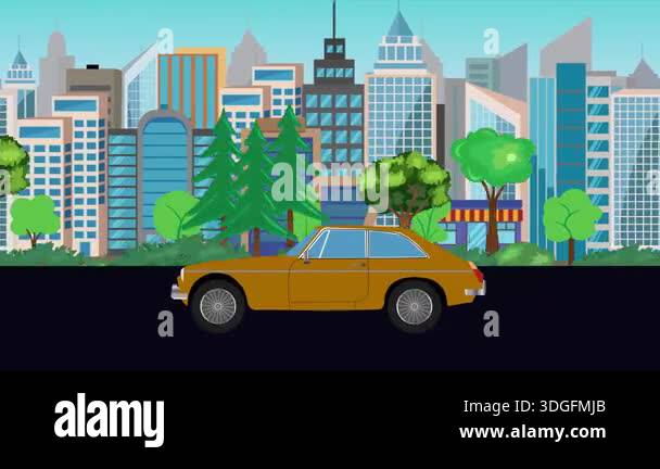 Animation of retro car driving on the street, city background, seamless ...