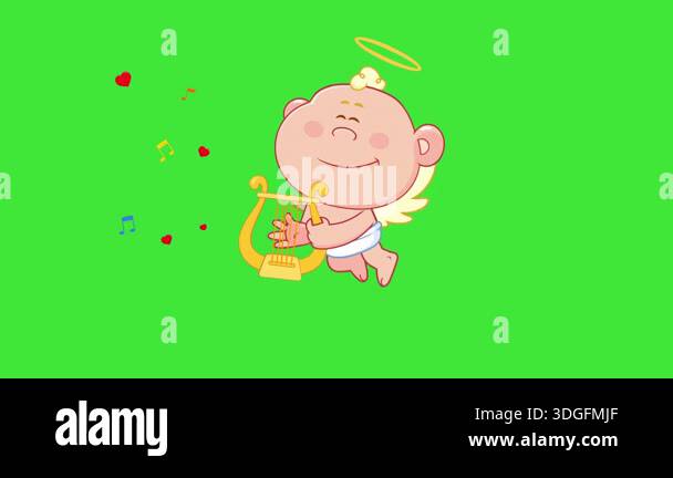 A happy cartoon cupid with a gold halo and tiny wings floats on a solid ...