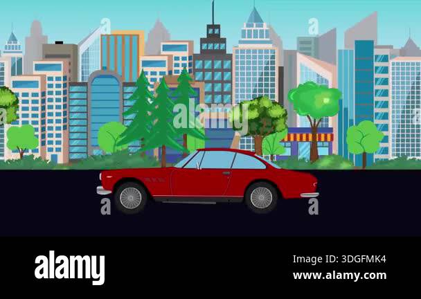 Animation of retro car driving on the street, city background, seamless ...