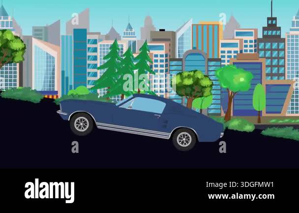 Retro car cartoon animation driving up the hill on the street, city ...