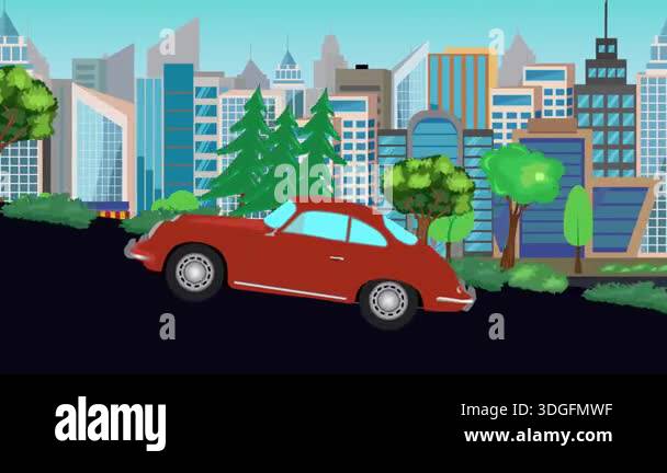 Retro car cartoon animation driving up the hill on the street, city ...