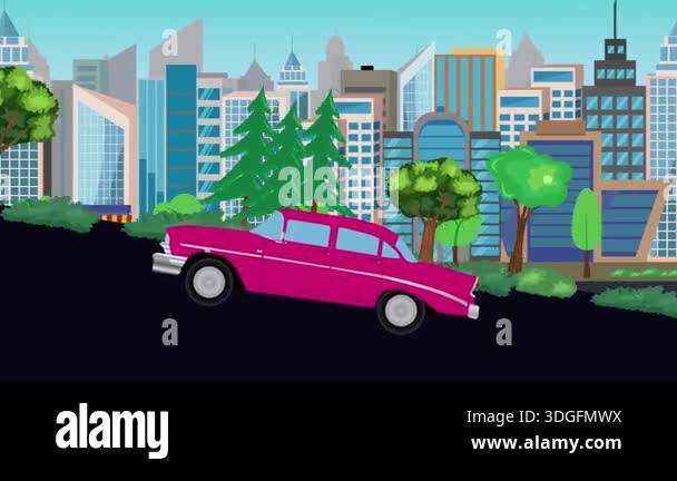 Retro car cartoon animation driving up the hill on the street, city ...