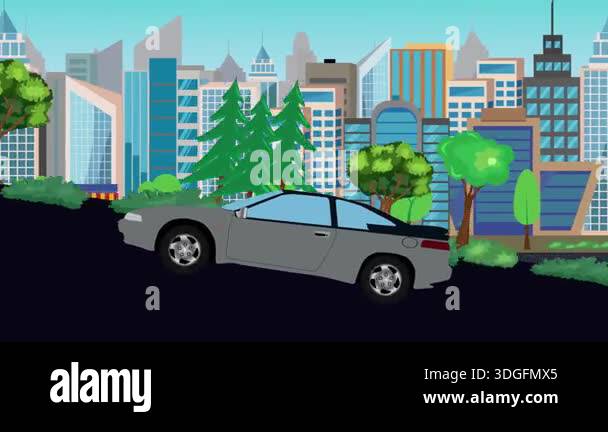 Retro car cartoon animation driving up the hill on the street, city ...