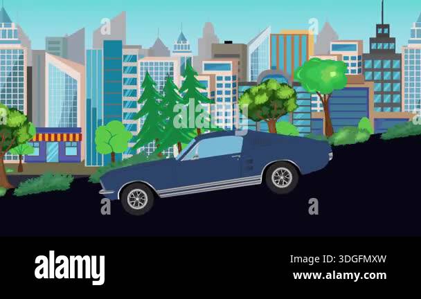 Retro car animation going down the valley on the street, city ...