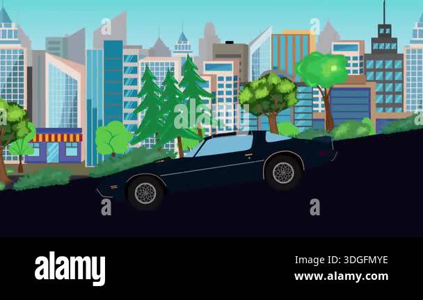 Retro car animation going down the valley on the street, city ...