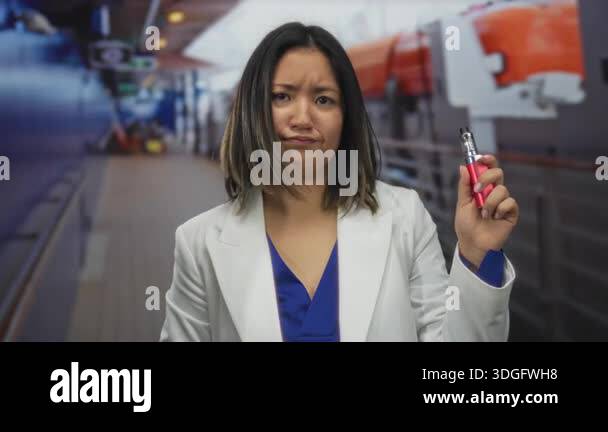 Woman on outdoor cruise wearing white jacket and blue blouse shows ...