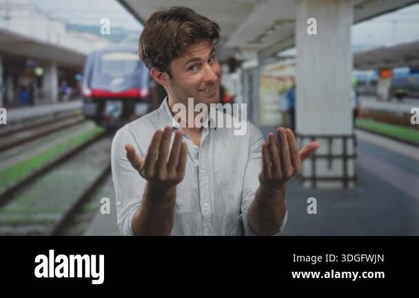 Young hispanic man beckons with both palms up on a busy train station ...