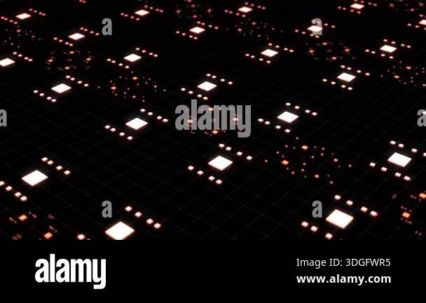 Animation Futuristic abstract scene with glowing orange squares and ...