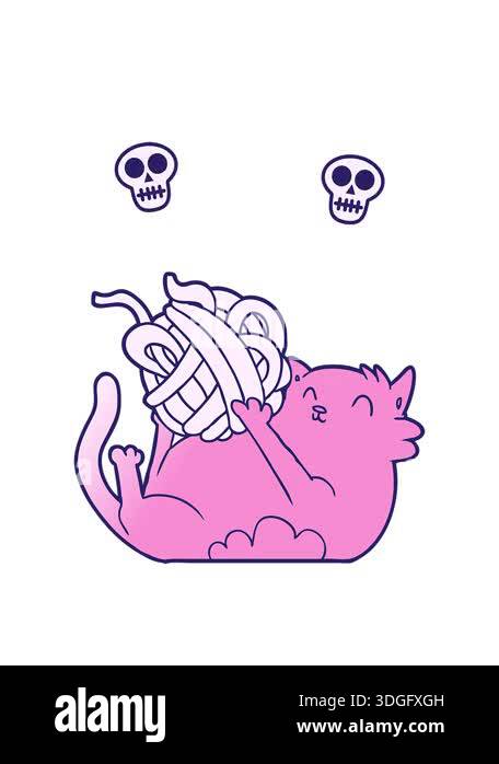 spinning skulls animation of cartoon cat playing with ball of string ...