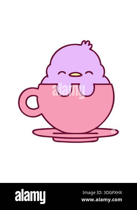 power up animation of cartoon of a cute baby bird sitting in a tea cup ...