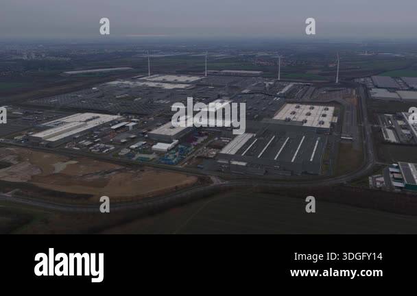 Aerial drone video of car production plant in Leipzig, Germany, showing ...