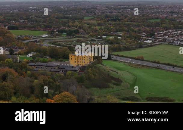 Aerial drone view of The Dower House, also known as the Yellow Castle ...