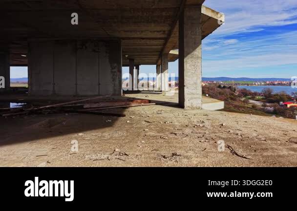 Aerial view captures the interior of an abandoned structure with ...