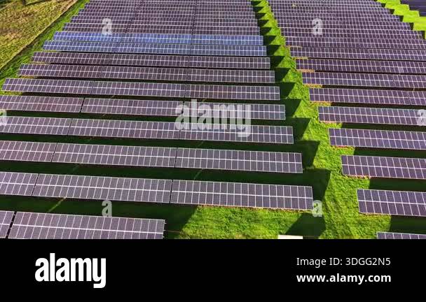 Rows of solar panels form a geometric pattern in a vibrant green field ...