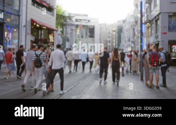 Istanbul street scene defocused bokeh background showing tram tracks ...