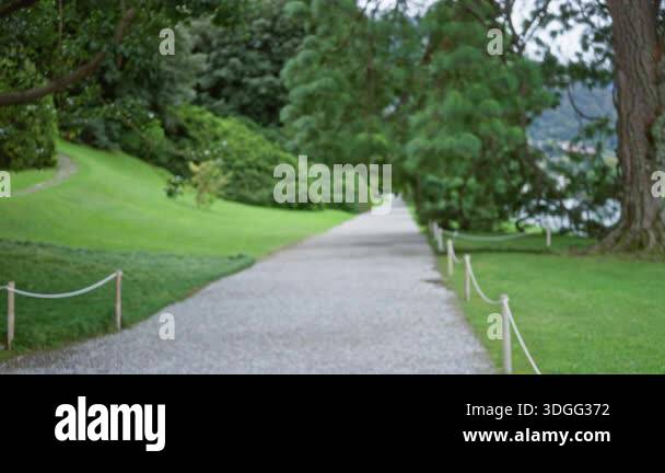 Blurred garden walkway with soft bokeh and shallow focus, defocused ...