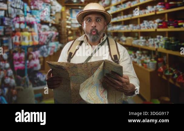 Man wearing explorer hat and backpack holds a map with mouth open in ...