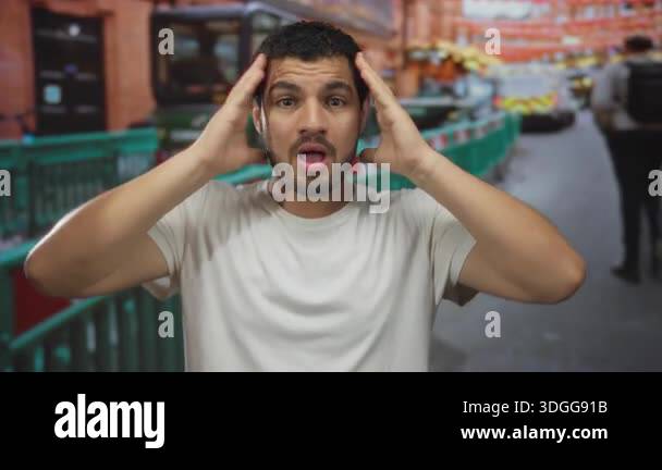 Man holding head with both hands and mouth agape on a sunny daytime ...