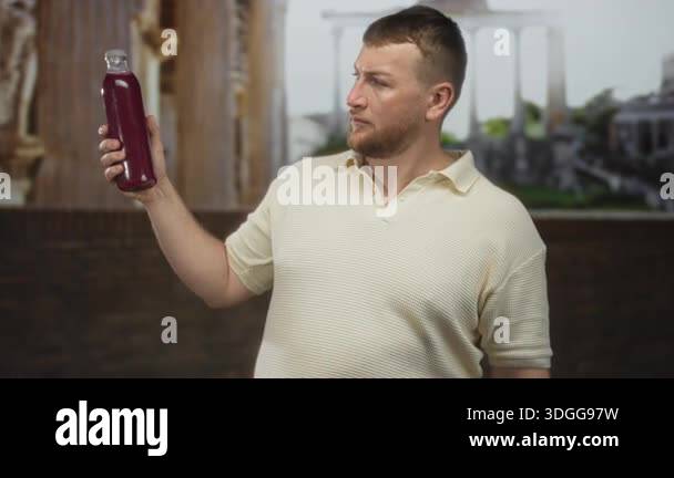 Man holding bottle up and inspecting it in a building with roman ruins ...