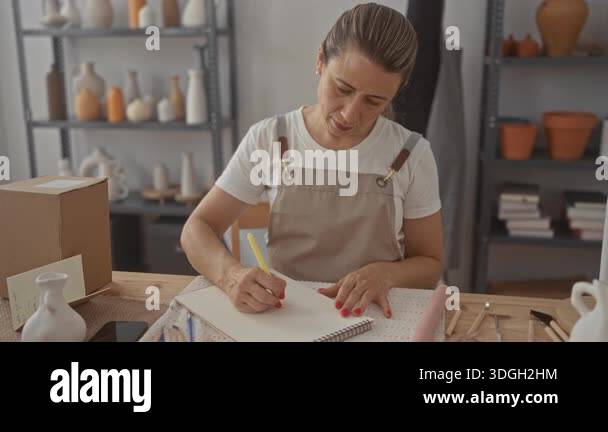 Woman sketches on paper with pencil and hand over worktable in studio ...