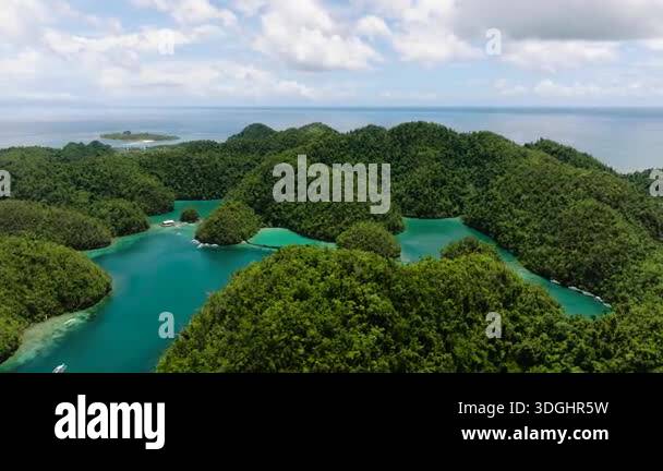 Narrow water channels with emerald water and dense green forest. Sugba ...