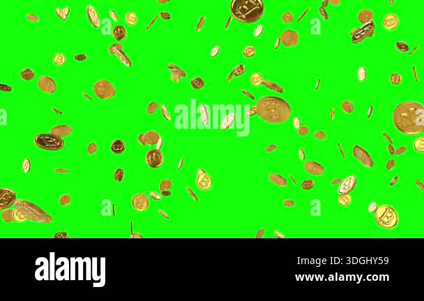 Gold Bitcoins slowly fall from top to bottom on green background ...