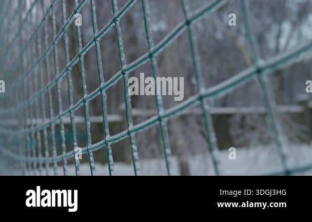 Detailed view of a green outdoor net completely encased in ice ...