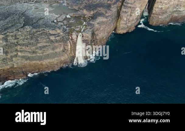 Aerial Waterfall Plunging Into Ocean Faroe Islands White Torrent ...