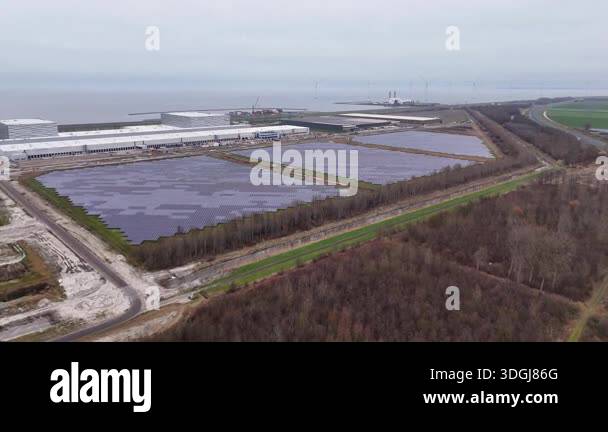 Aerial Solar Farm Coastal Fields, Renewable Engineer Inspecting Array ...