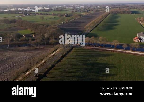 Aerial View Wide Farmland And Canal, Long Field Rows And Irrigation ...