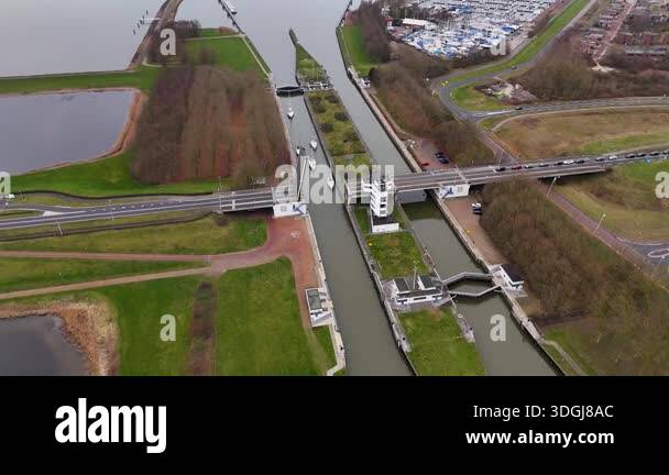 Aerial Canal Lock Bridge With Boats And Waiting Cars, Drone Shows Lock ...