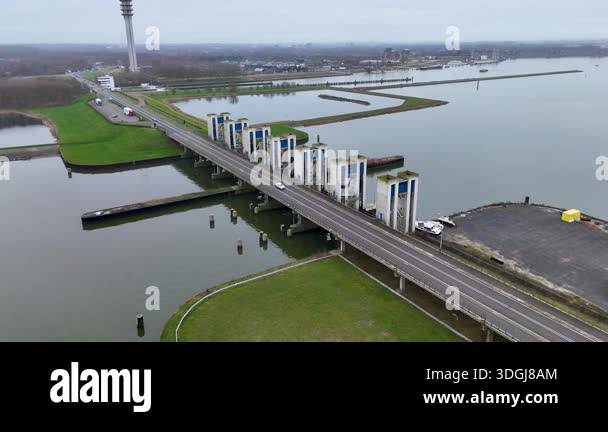 Aerial Storm Barrier Control Bridge Panorama Showing Row Of Vertical ...