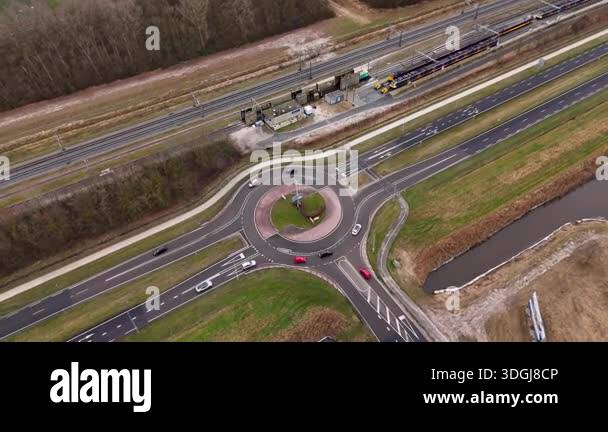 Highway Roundabout Aerial View Showing Traffic Flow, Multi Lane ...