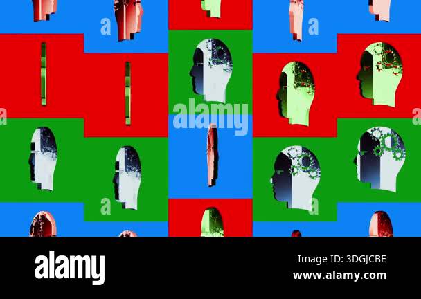 Artificial intelligence Ai head multiple 3d golden metal symbols looped ...