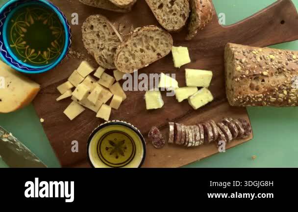 Slices of bread cheese and salami arranged Stock Video Footage - Alamy