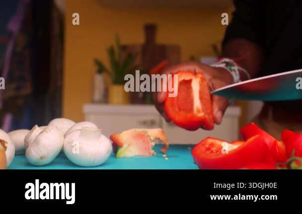 Person hands preparing Bell red Pepper on cutting board Stock Video ...